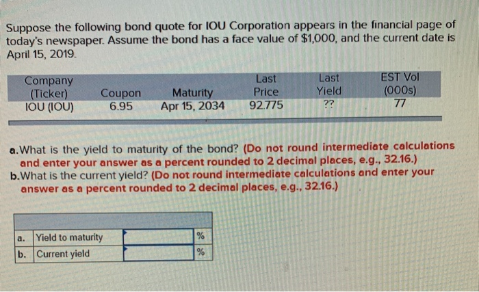 Solved Suppose the following bond quote for IOU Corporation | Chegg.com