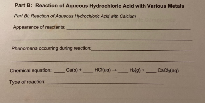 Solved Part B: Reaction of Aqueous Hydrochloric Acid with | Chegg.com