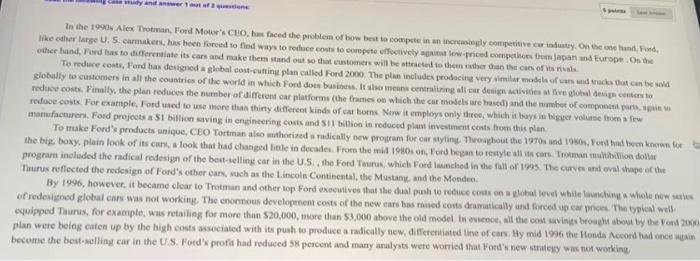 Solved In the 1990% Alex Trotman, Ford Motor's CEO, has | Chegg.com