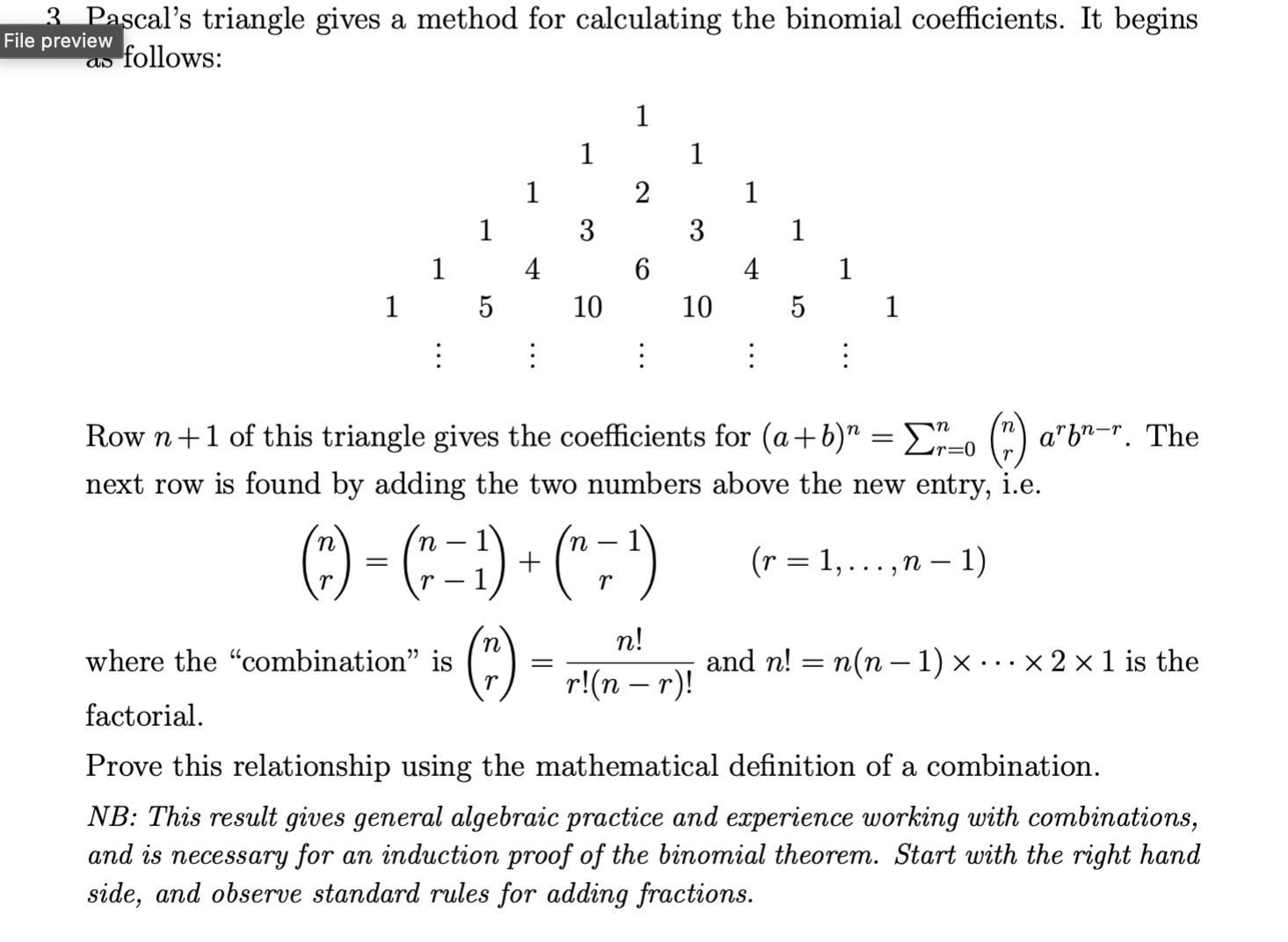 Solved 3 ﻿Pascal's triangle gives a method for calculating | Chegg.com
