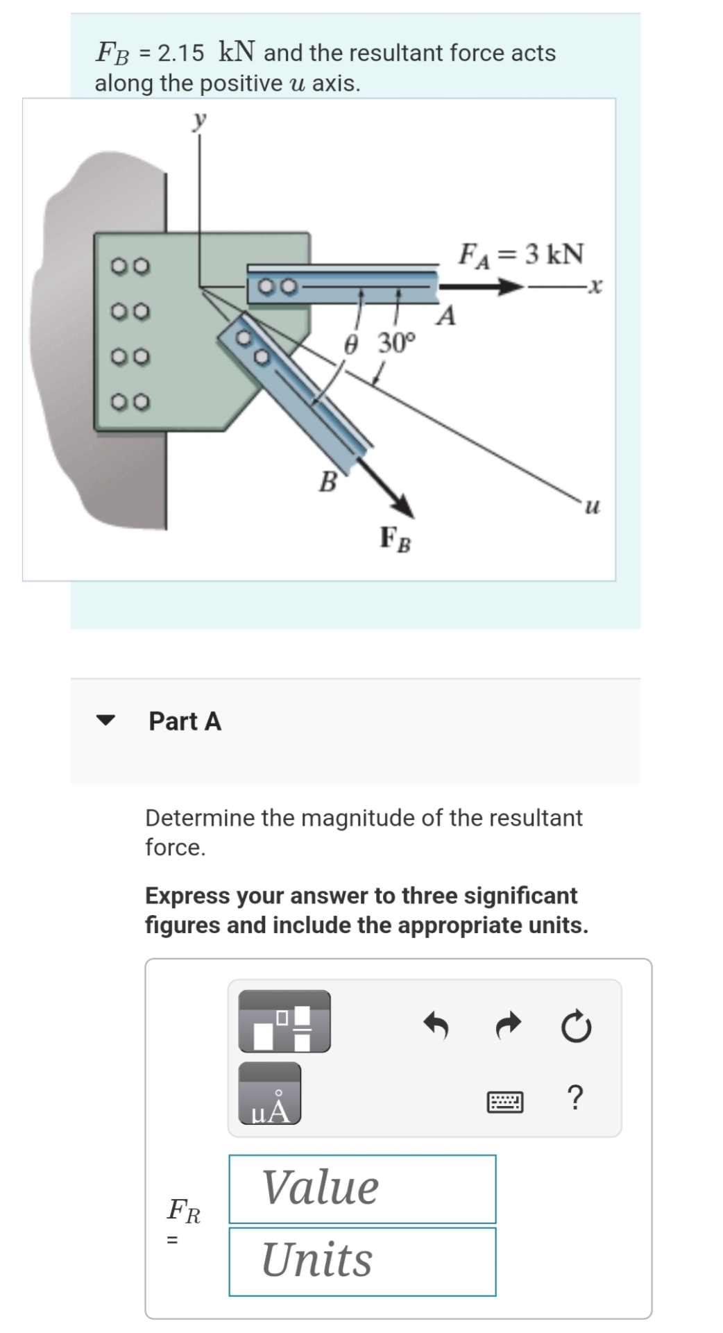 Solved FB=2.15kN ﻿and the resultant force acts along the | Chegg.com