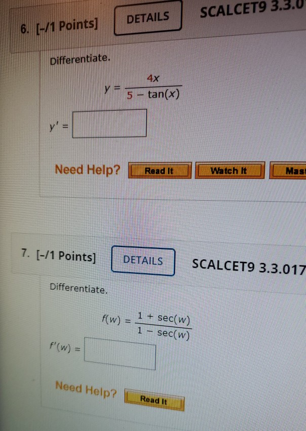 Solved SCALCET9 3.3.0 DETAILS 6. [-/1 Points] Differentiate. | Chegg.com