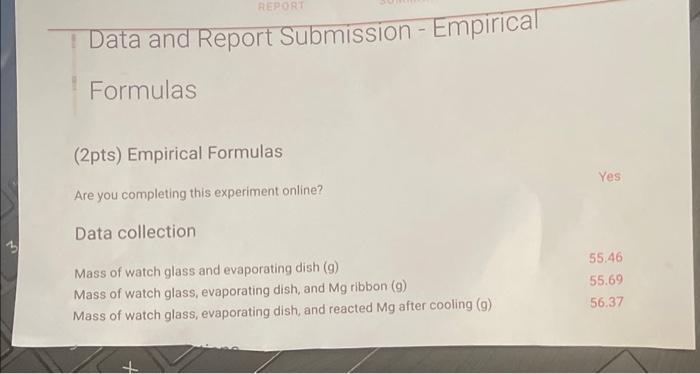 Solved I Data and Report Submission - Empirical Formulas | Chegg.com