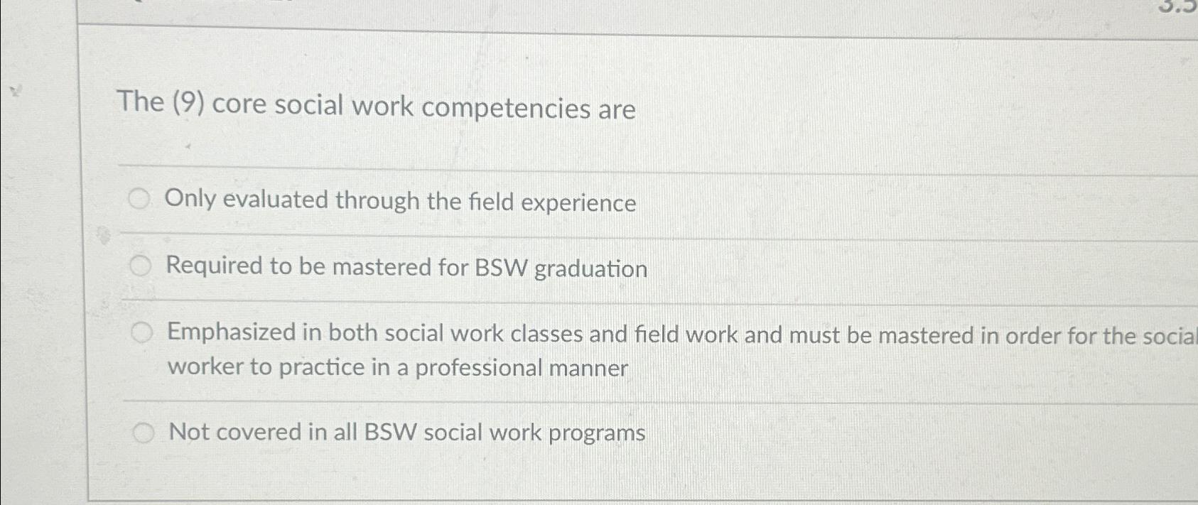 Solved The (9) ﻿core social work competencies areOnly | Chegg.com