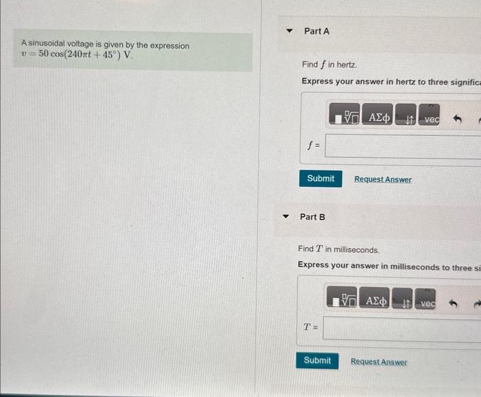 Solved A sinusoidal voltage is given by the expression | Chegg.com