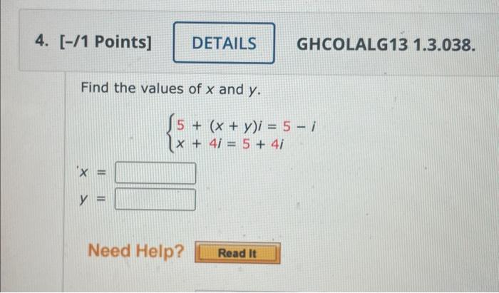 Solved GHCOLALG13 1.3.038. Find the values of x and y. | Chegg.com