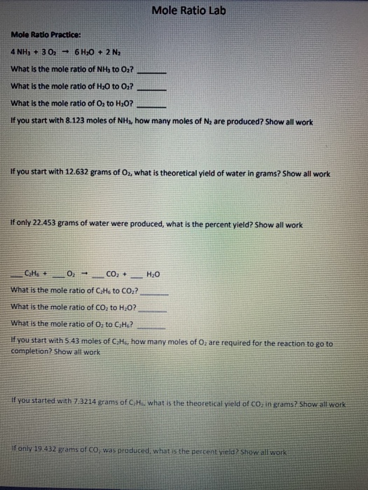 Solved Mole Ratio Lab Mole Ratio Practice: 4 NH3 + 302 - | Chegg.com