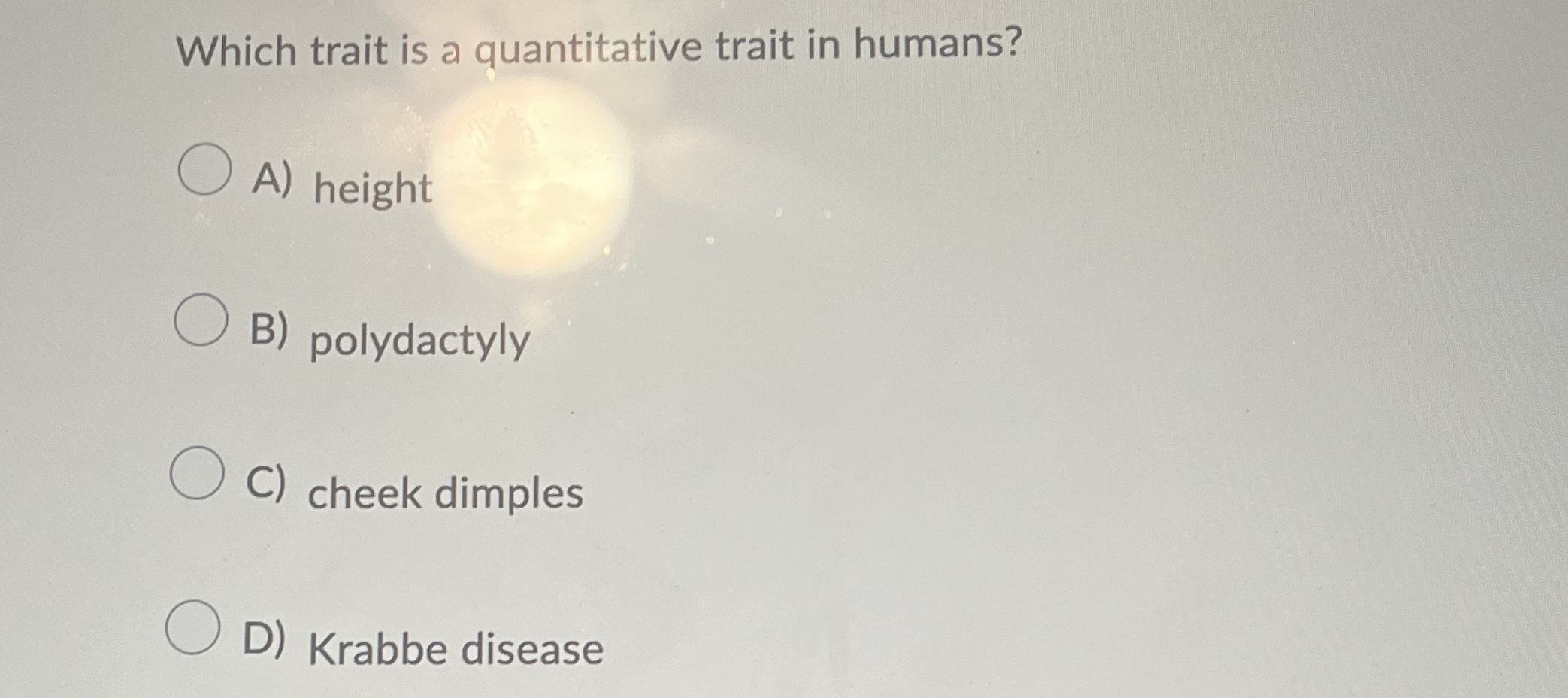 Solved Which trait is a quantitative trait in humans?A) | Chegg.com