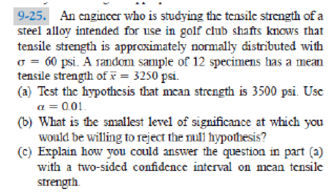 Solved 9-25. ﻿An engineer who is studying the tensile | Chegg.com
