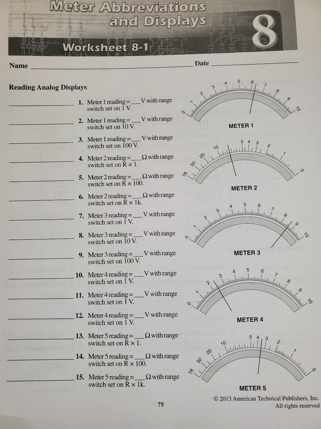 Solved Reading Analog Displays 1. Meter 1 reading = V with | Chegg.com
