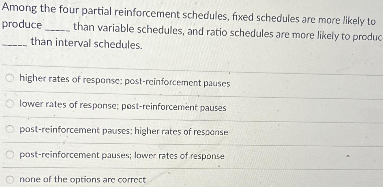 Solved Among the four partial reinforcement schedules, fixed | Chegg.com