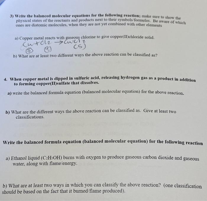 Solved 3) Write the balanced molecular equations for the | Chegg.com