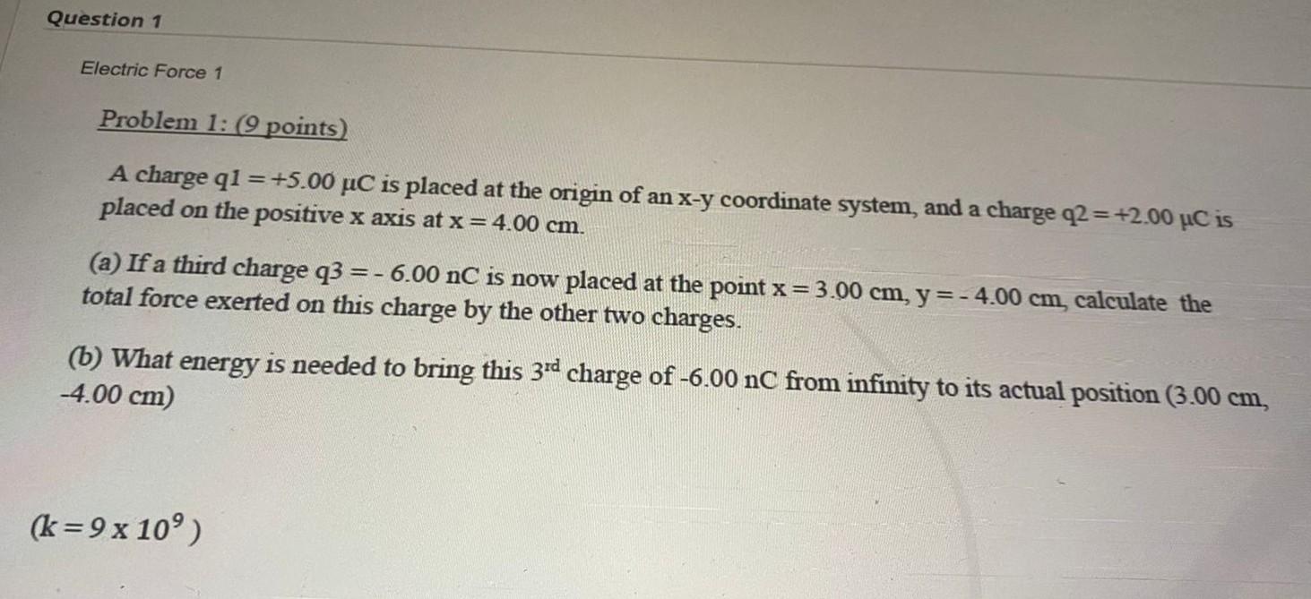Solved Problem 1: (9 points) A charge q1=+5.00μC is placed | Chegg.com