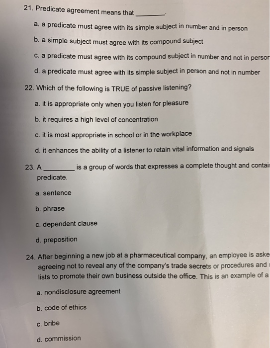 Solved 21. Predicate agreement means that a. a predicate | Chegg.com