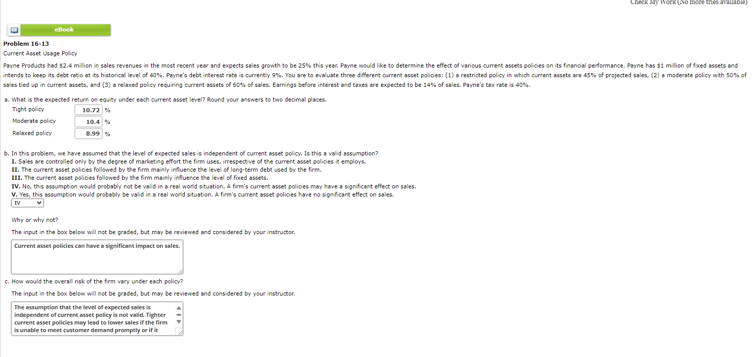 Solved Problem 16 13current Asset Usage Policya what Is