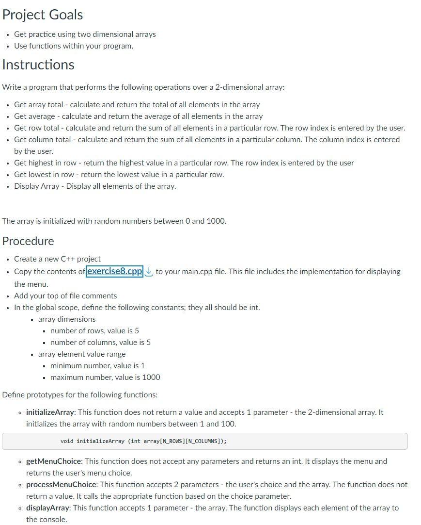 Solved Project Goals - Get practice using two dimensional | Chegg.com