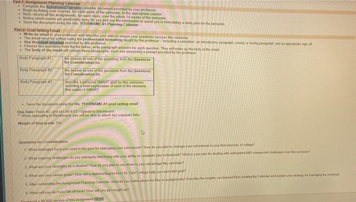 Part 1: Assignment Planning Calendar • Complete the | Chegg.com