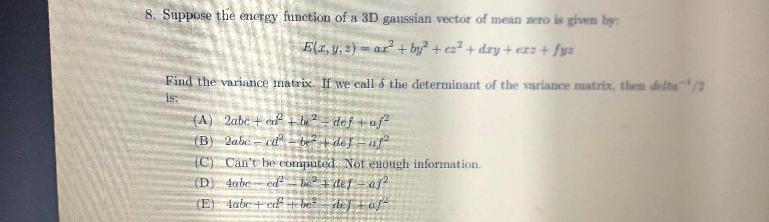 Suppose the energy function of a 3D gaussian vector | Chegg.com