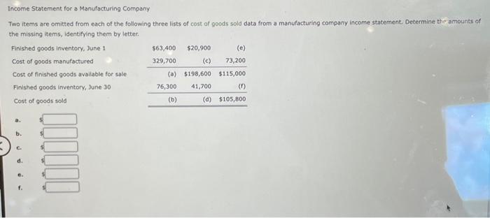 Solved Income Statement for a Manufacturing Company Two | Chegg.com