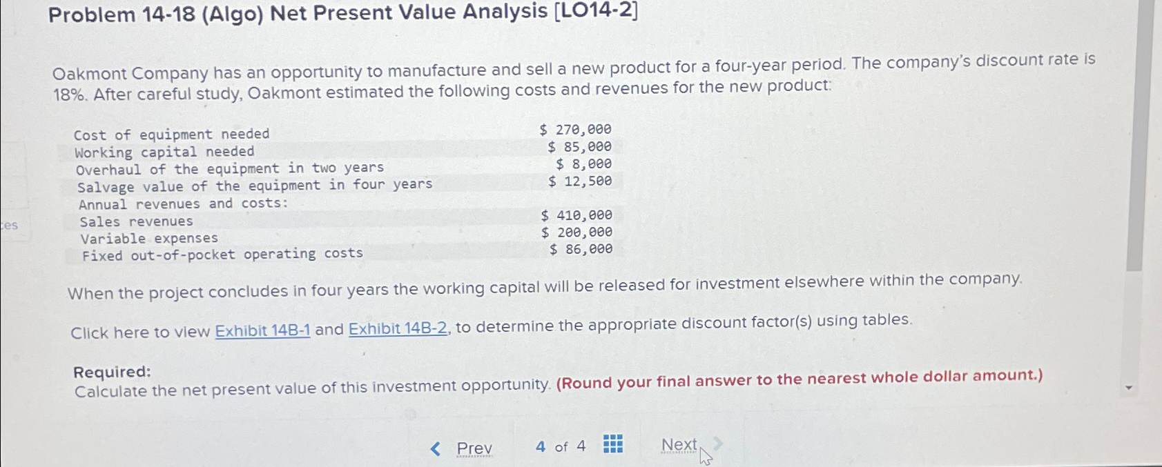 Solved Problem 14-18 (Algo) ﻿Net Present Value Analysis | Chegg.com