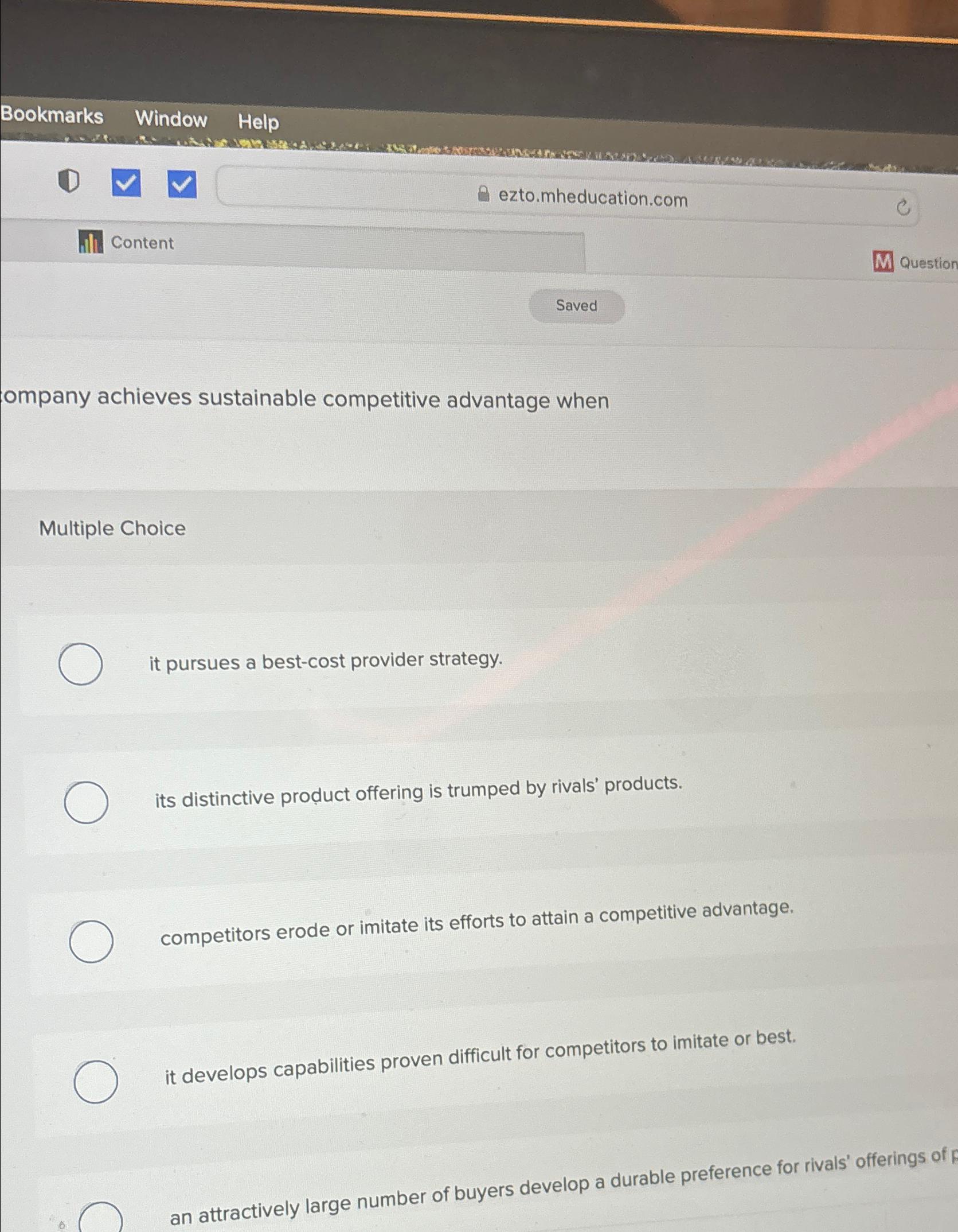 Solved Bookmarks Window Helpompany achieves sustainable | Chegg.com