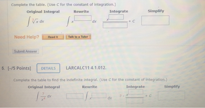 Solved Complete the table. (Use C for the constant of | Chegg.com