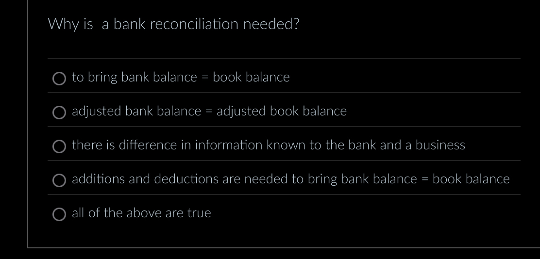 Solved Why is a bank reconciliation needed?to bring bank | Chegg.com