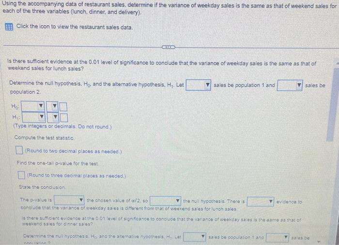 Using the accompanying data of restaurant sales, | Chegg.com