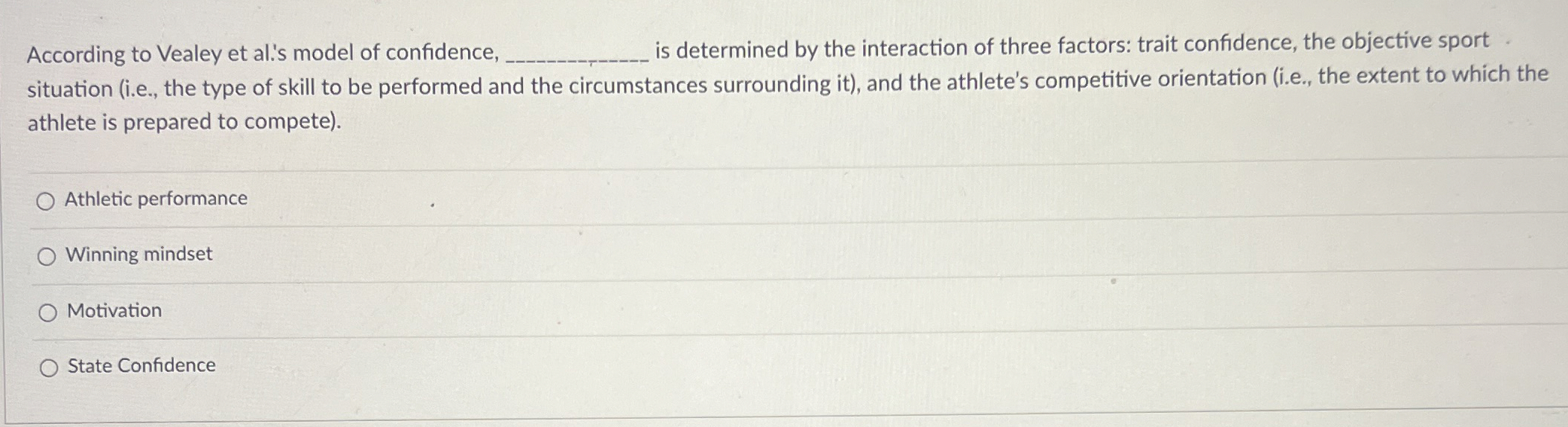 Solved According to Vealey et al.'s model of confidence, is | Chegg.com