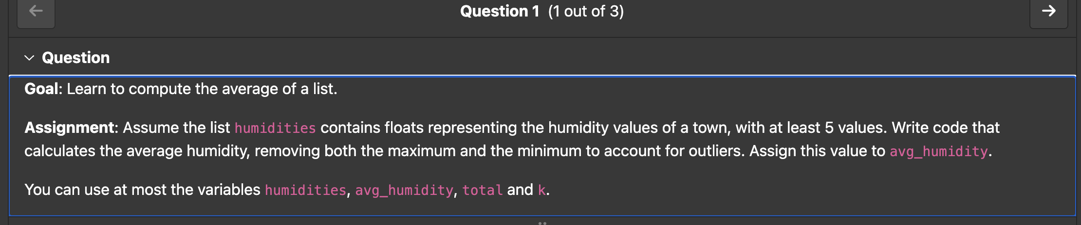 Solved QuestionGoal: Learn to compute the average of a | Chegg.com