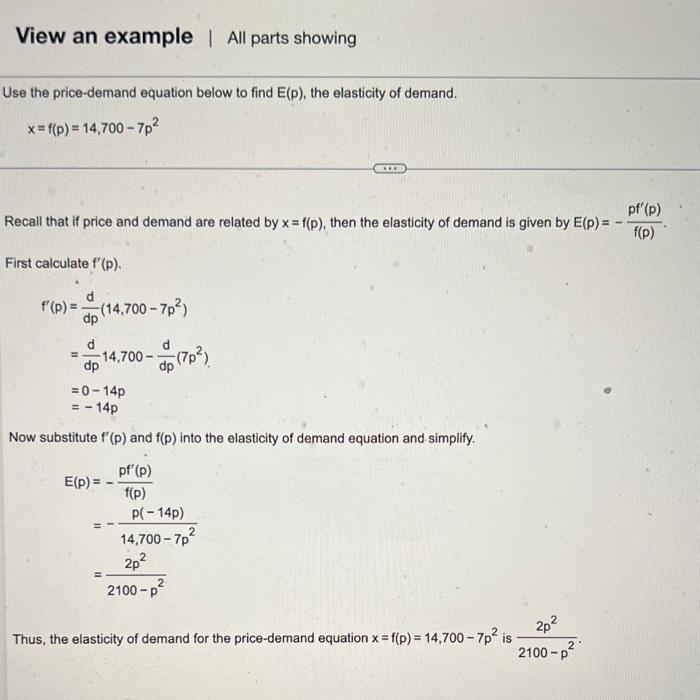 Solved Use the price-demand equation below to find E(p), the | Chegg.com