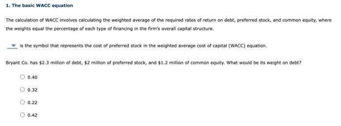 Solved The calculation of WACC involves calculating the | Chegg.com