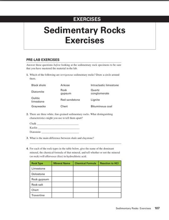Solved EXERCISES Sedimentary Rocks Exercises PRE-LAB | Chegg.com