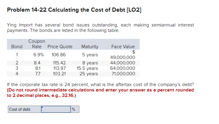 Solved Problem 14-22 ﻿Calculating the Cost of Debt [LO2]Ying | Chegg.com