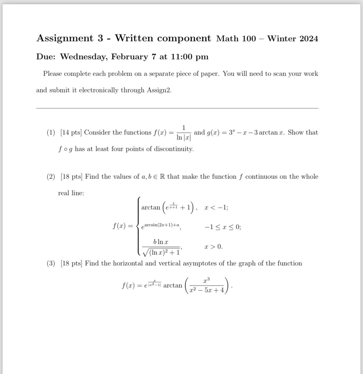 Solved Assignment 3 - ﻿Written component Math 100 - ﻿Winter | Chegg.com
