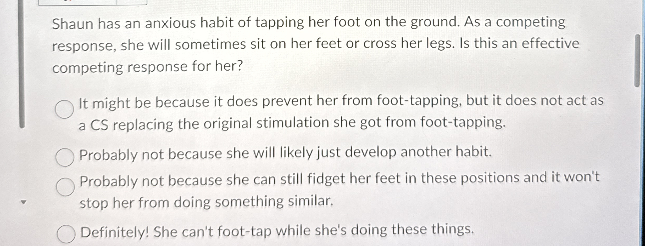 Solved Shaun has an anxious habit of tapping her foot on the | Chegg.com