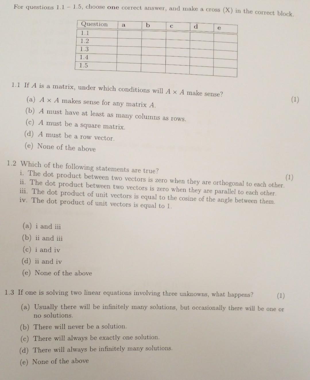 Solved For questions 1.1−1.5, choose one correct answer, and | Chegg.com