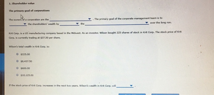 Solved 1. Shareholder value The primary goal of corporations | Chegg.com