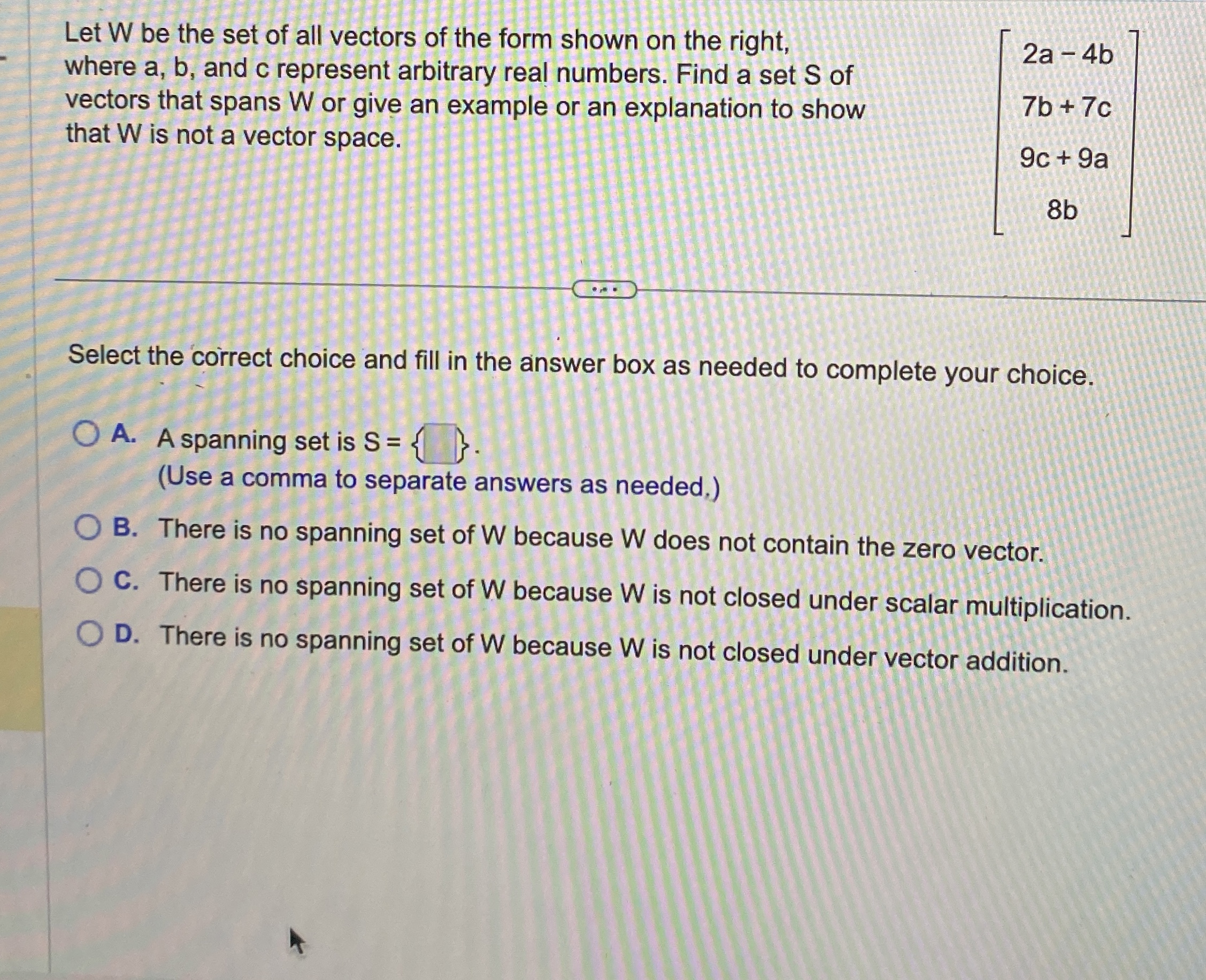 Solved Let W ﻿be the set of all vectors of the form shown on | Chegg.com