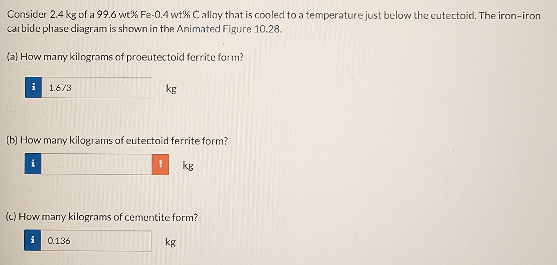 Solved Consider 2.4kg ﻿of a 99.6wt%Fe-0.4wt%C ﻿alloy that is | Chegg.com
