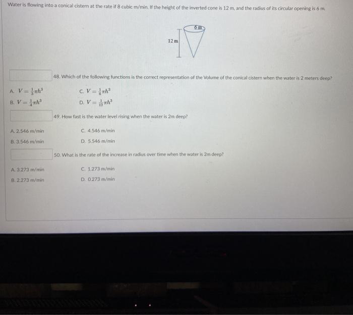 Solved Water is flowing into a conical cistern at the rate | Chegg.com