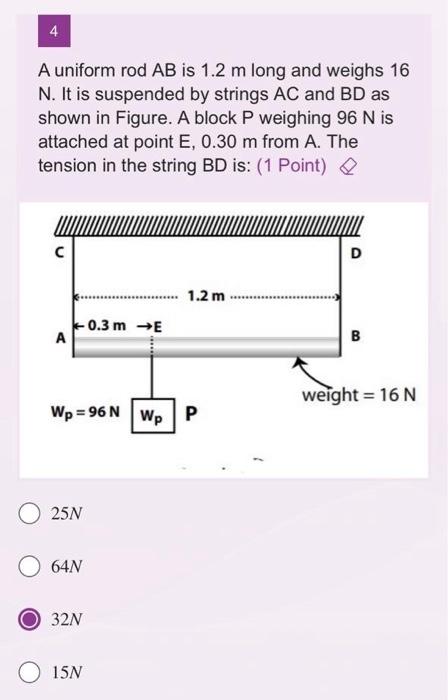 Solved A uniform rod AB is 1.2 m long and weighs 16 N. It is | Chegg.com