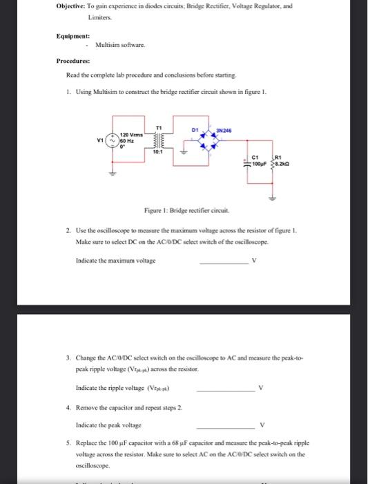Objective: To gain experience in diodes circuits; | Chegg.com