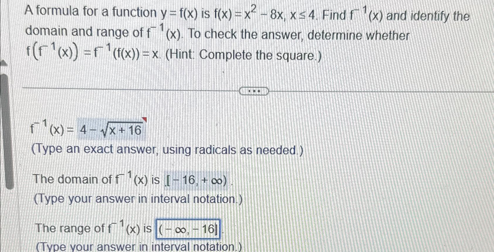 Solved A formula for a function y=f(x) ﻿is f(x)=x2-8x,x≤4. | Chegg.com
