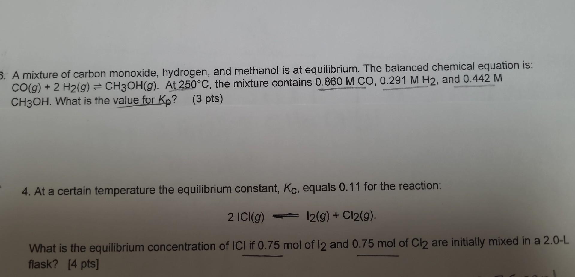 Solved A mixture of carbon monoxide, hydrogen, and methanol | Chegg.com