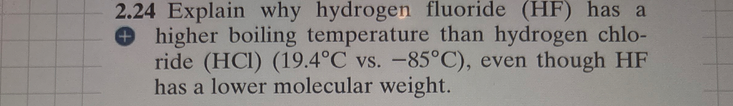 Solved 2.24 ﻿Explain why hydrogen fluoride (HF) ﻿has a | Chegg.com