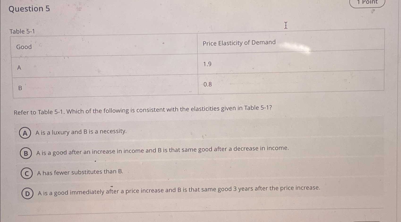Solved Question 51 PointTable 5-1Refer to Table 5-1. Which | Chegg.com Solved Question 51 PointTable 5-1Refer to Table 5-1. Which | Chegg.com