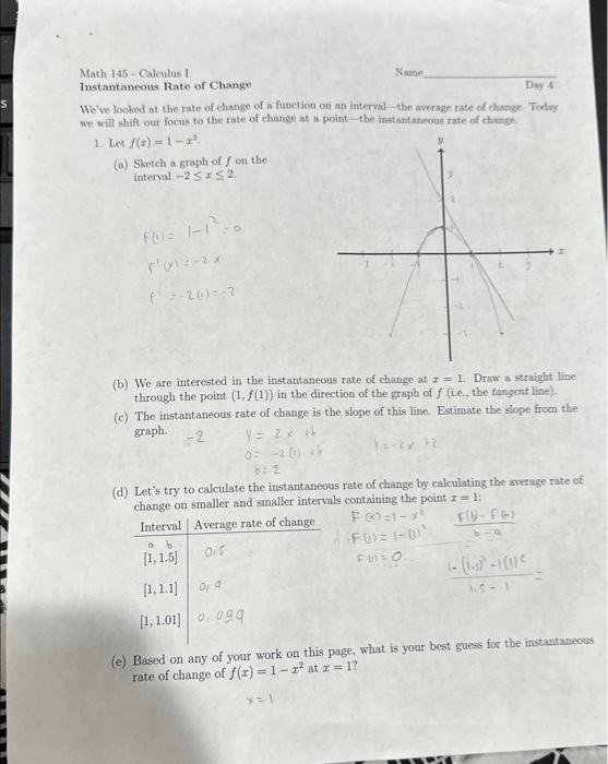 Solved Math 145-Calculus I Instantaneous Rate of Change Name | Chegg.com