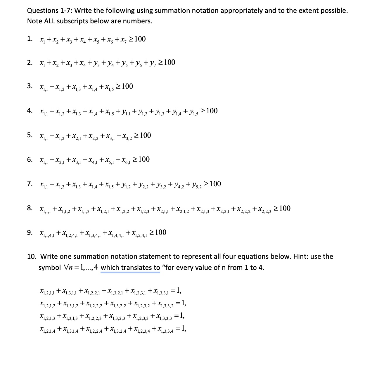 Solved Questions 1-7: Write the following using summation | Chegg.com