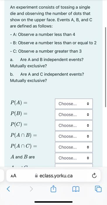 Solved An experiment consists of tossing a single die and | Chegg.com